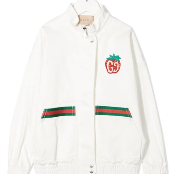 Gucci | Jackets & Coats | Gucci Gc Strawberry Denim Jacket In White ...